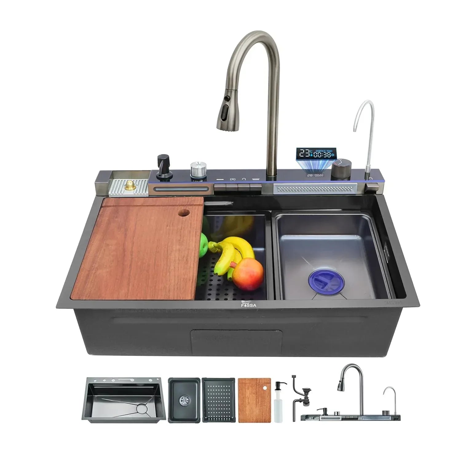 Fossa 30x18x09 Inch Premium Piano Waterfall kitchen Sink – LED Panel ...